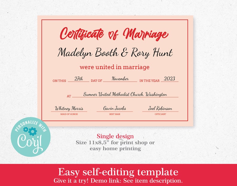 Editable Marriage License Download Printable Template Corjl, Wedding ...