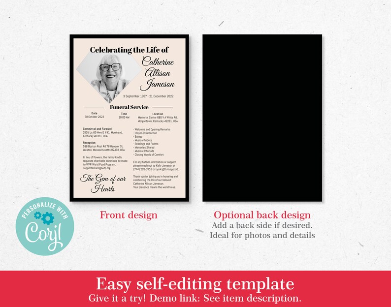 Editable Simple Funeral Program Printable Template Corjl - Etsy