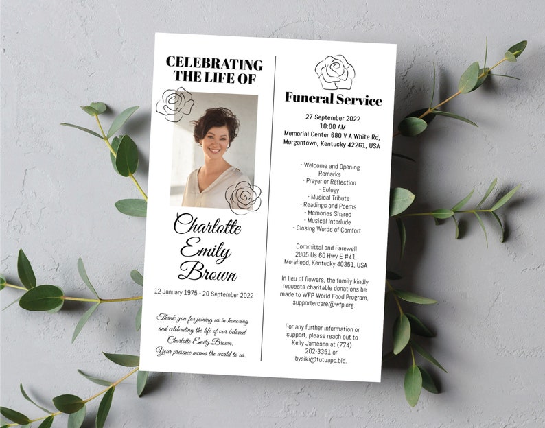 Editable Simple Funeral Program, Printable Template Corjl, Celebration ...