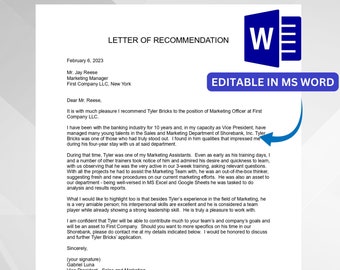 Editable Letter of Recommendation Template - Etsy