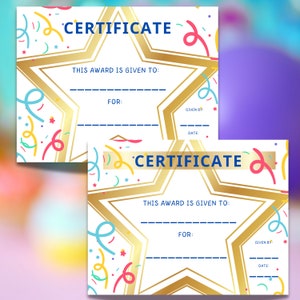 Awards Certificate for Printing, Gold Star With Confetti for ...