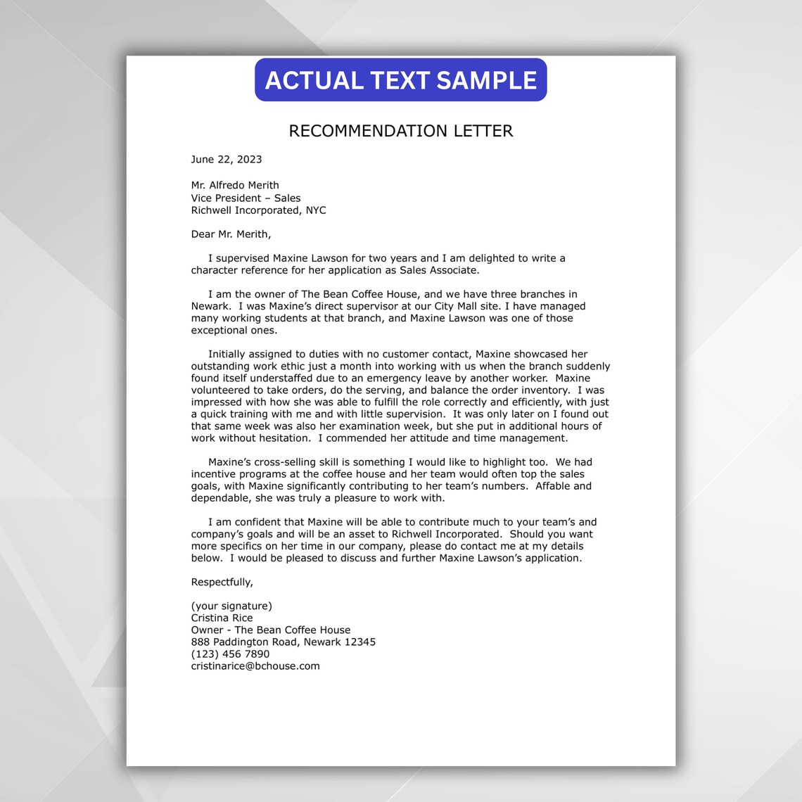 Personalized Letter of Recommendation, Character Letter, Recommendation ...