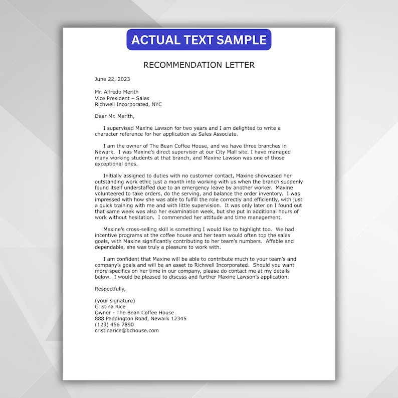 Personalized Letter of Recommendation, Character Letter, Recommendation ...