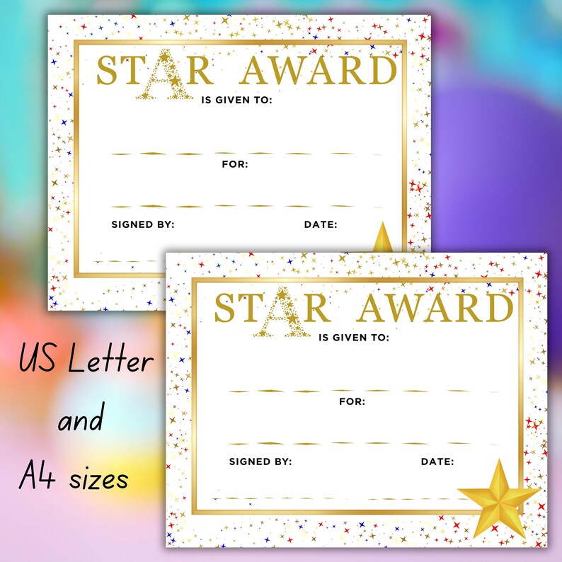 Printable Awards, Gold Star Certificates, Star Award, Kids Achievement ...