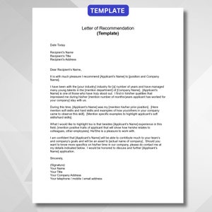 Professional Letter of Recommendation Template, Character Letter ...