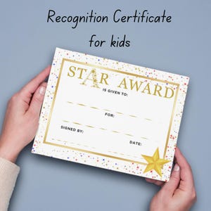 Gold Star Award Certificate, Kids Achievement, Printable Template (US ...