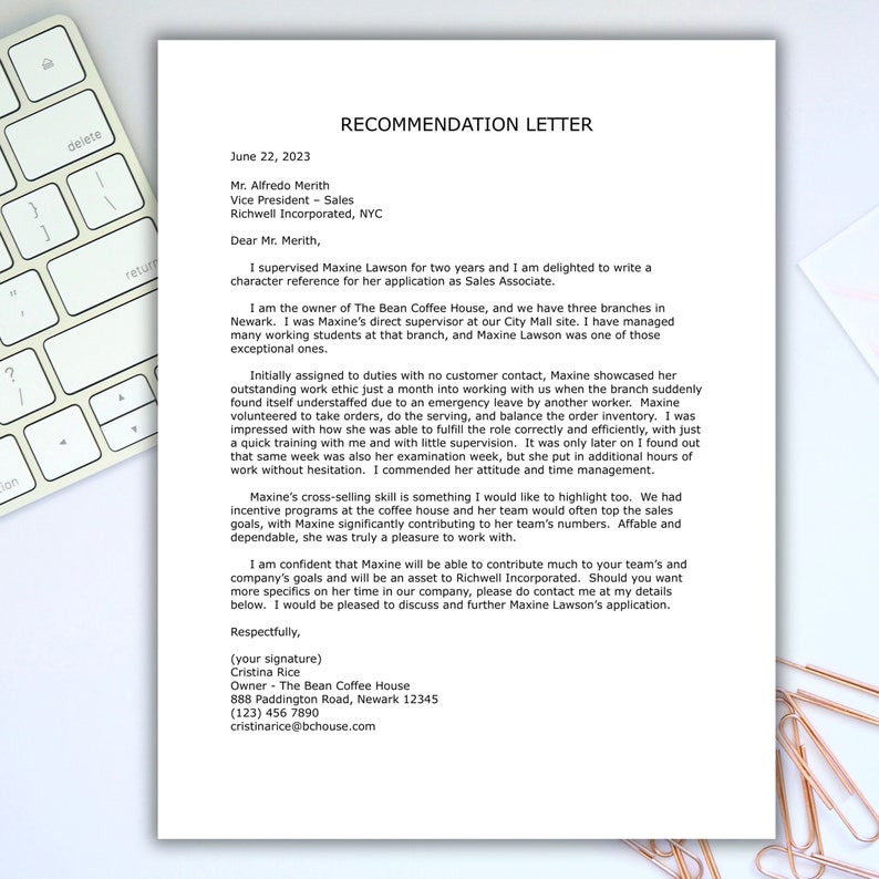 Personalized Letter of Recommendation, Character Letter, Recommendation ...