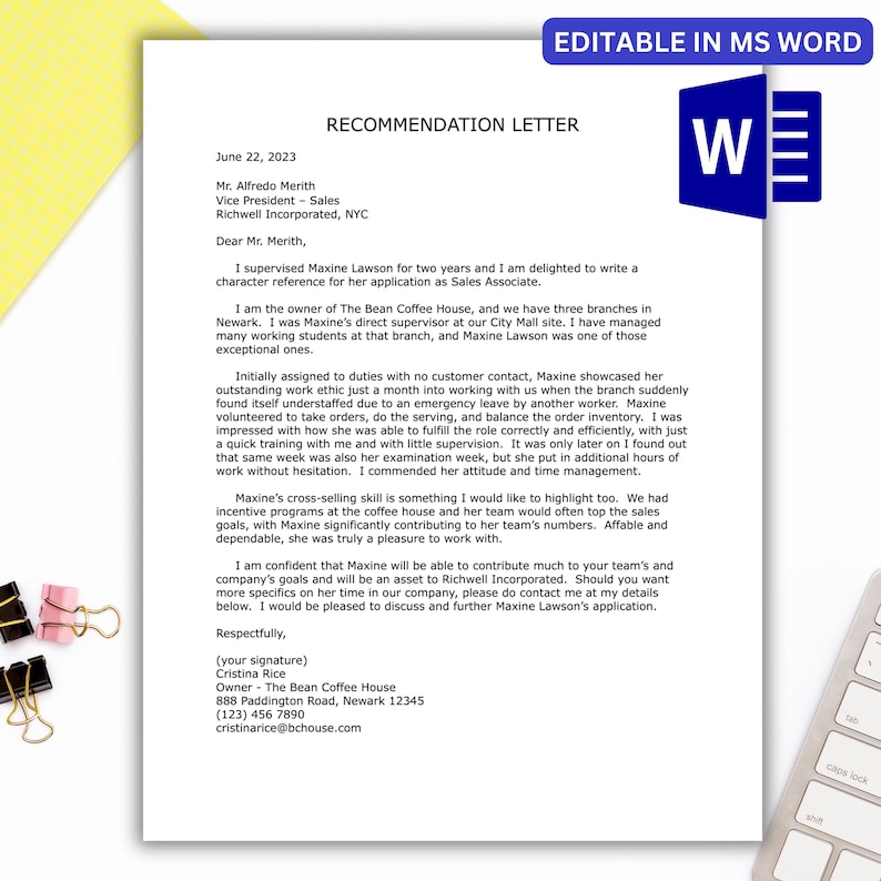 Personalized Letter of Recommendation, Character Letter, Recommendation ...