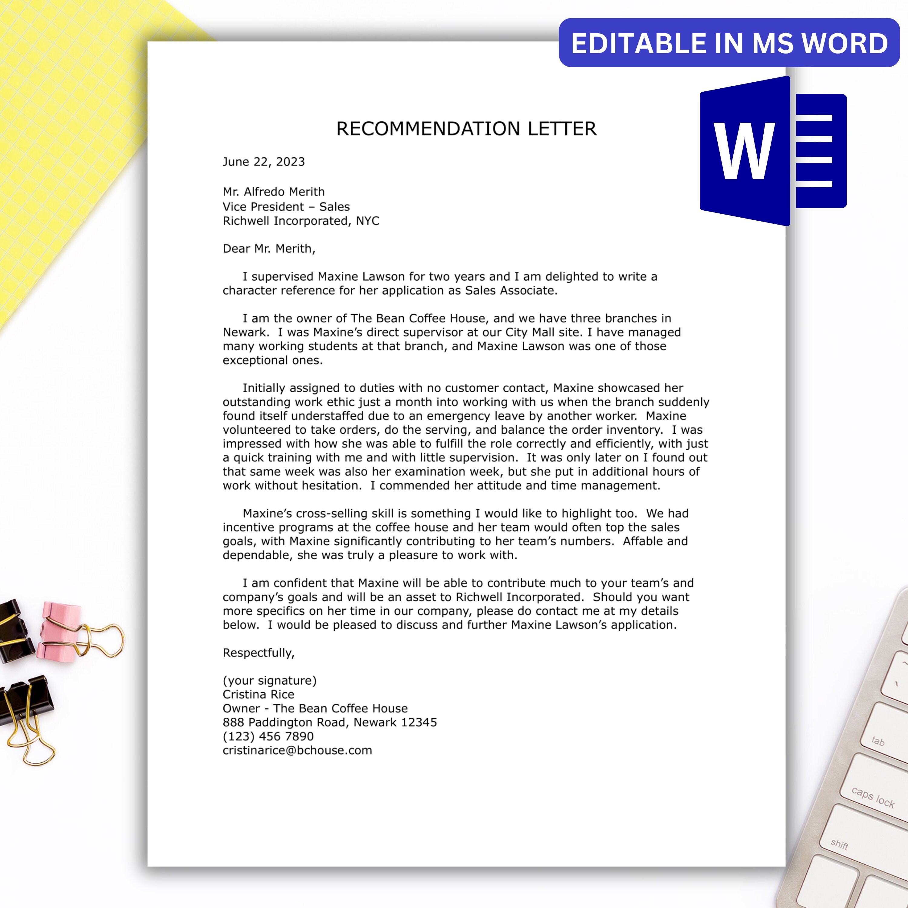 Personalized Letter of Recommendation, Character Letter, Recommendation ...