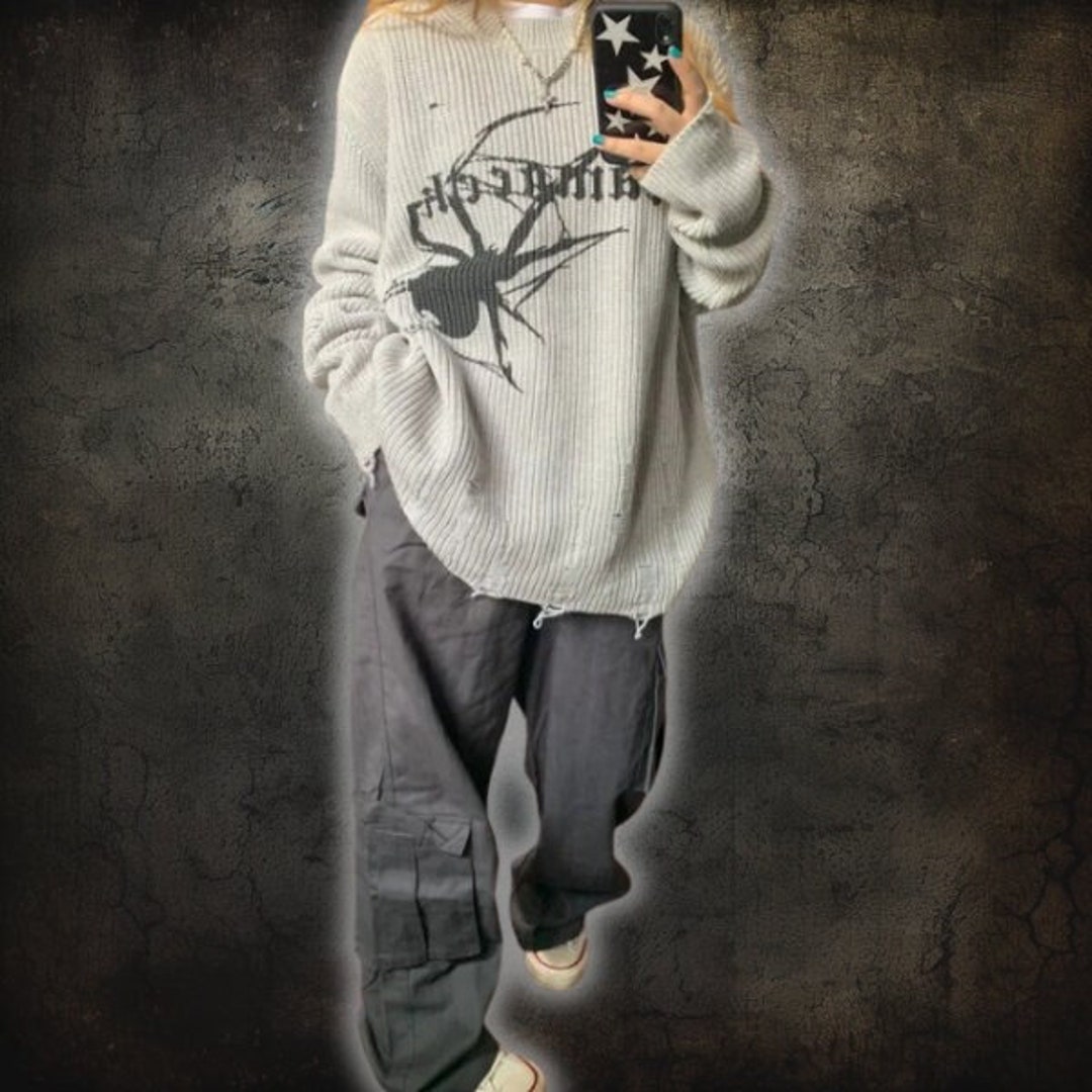 Spider Print Y2K Sweater, Goth Sweater, Vintage Sweater, Grandpa ...