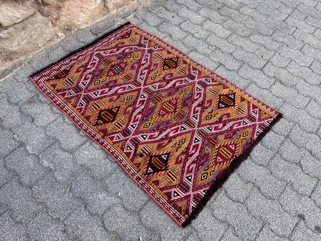 Kilim Rug, 2.6x3.6 Rustic Rug, Morrocan Rug, Geometric Rug, Mexican Rug ...