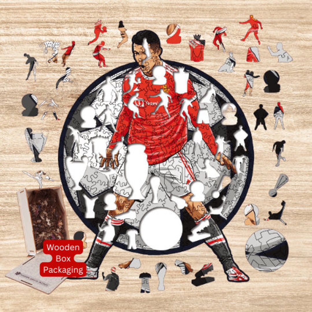 Puzzle en bois de joueur de football avec emballage de boîte en bois ...