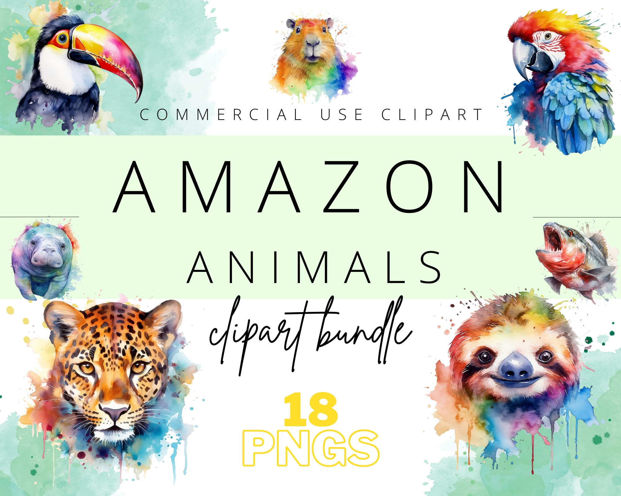 Amazon Rainforest Animal Portrait Watercolor Cliparts: Jaguar, Capybara ...