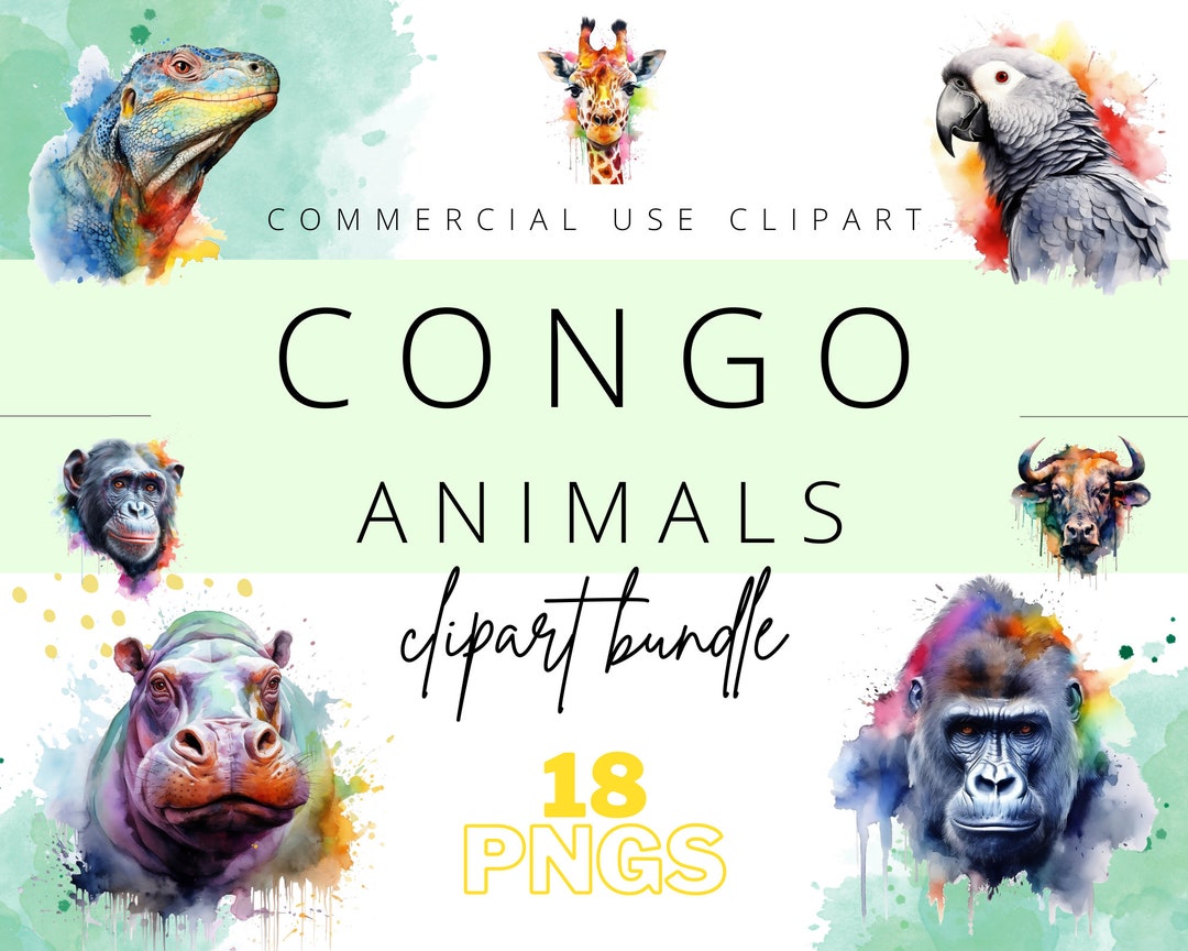 Congo Basin Animal Portrait Watercolor Clipart: Gorilla, Hippo ...