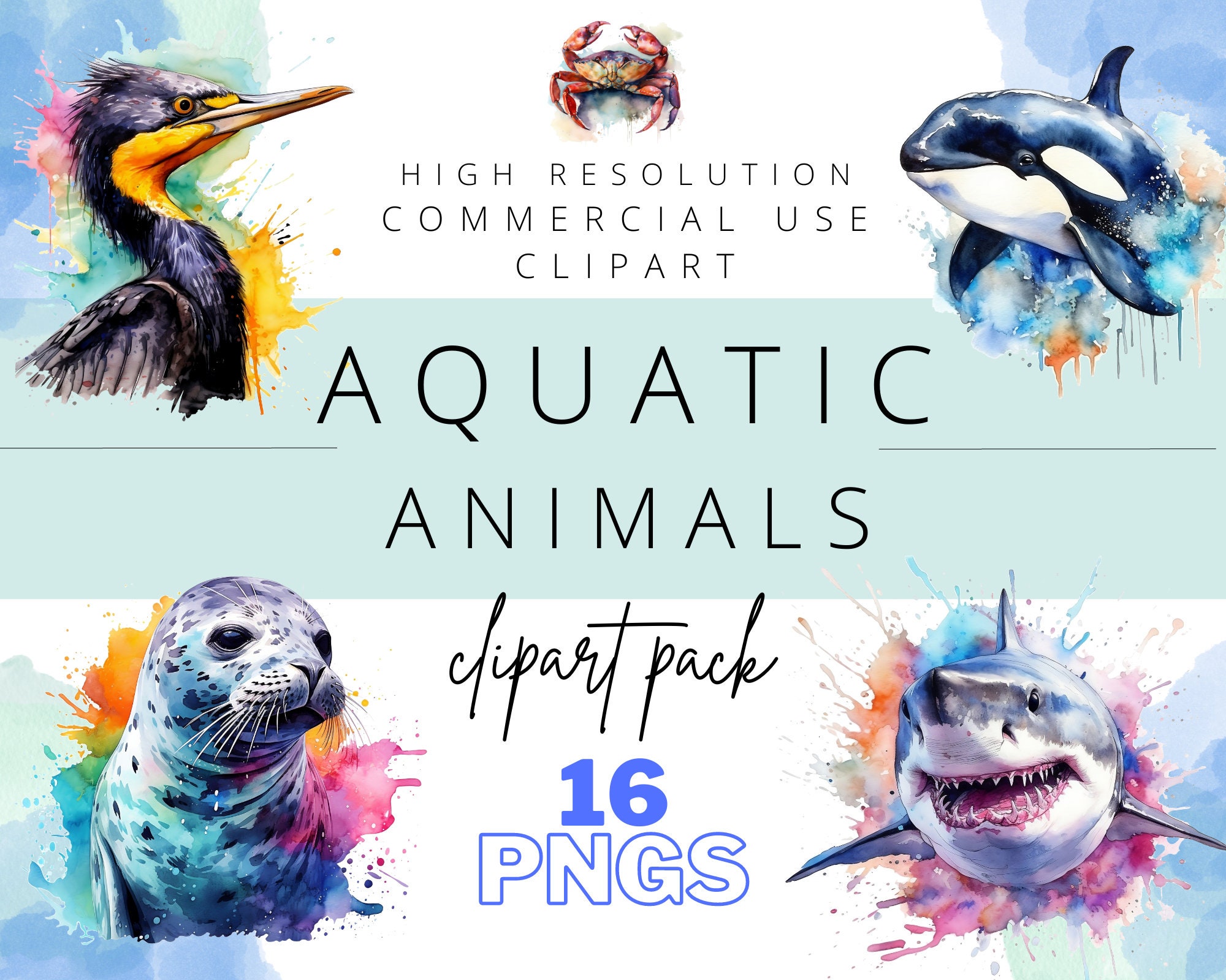 Aquatic Animal Portrait Watercolor Cliparts: White Shark, Whale ...