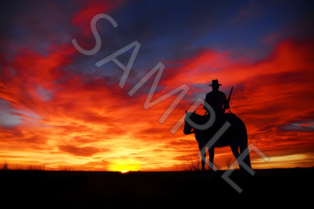 USA Vintage Cowboy Sunset Landscape Western Poster Photo Artwork ...