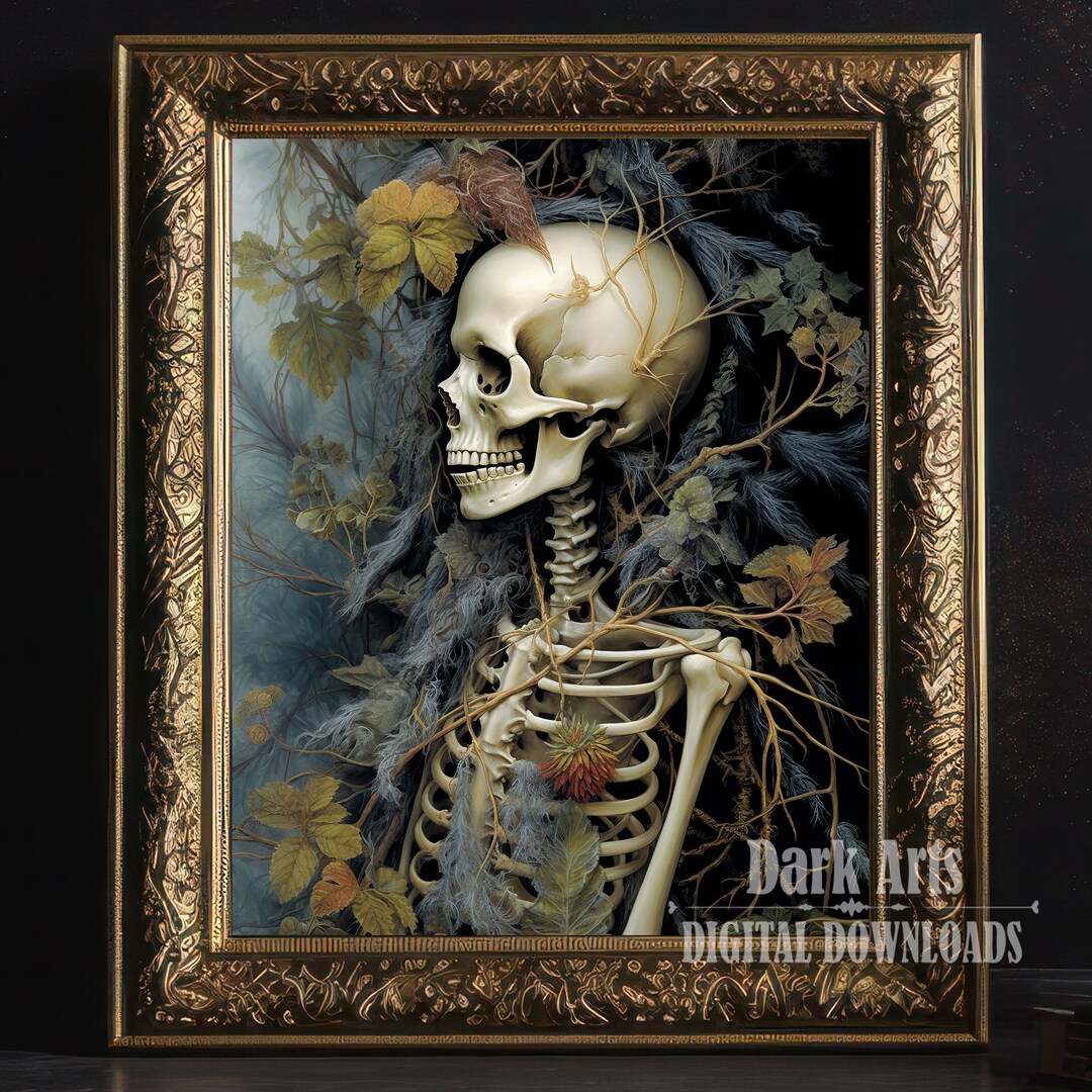 Botanical Skeleton Portrait, Gothic Skull Wall Art, Floral Goth Decor ...