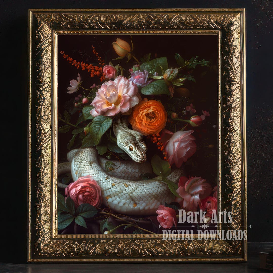 Snake and Roses Gothic Art, Dark Botanical Serpent, Gothic Decor, Dark ...