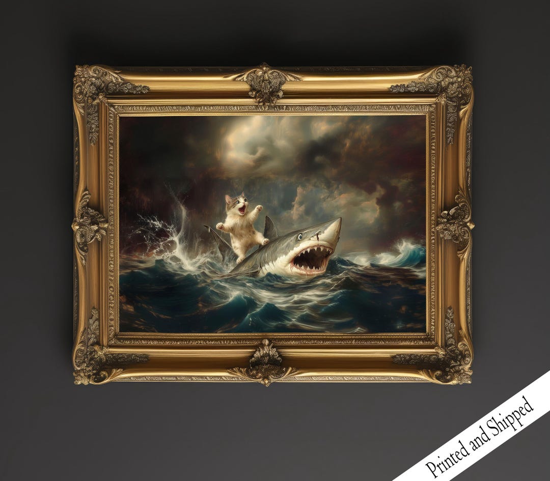 Cat Riding a Shark Wall Art, Victorian Painting, Funny Altered Art ...