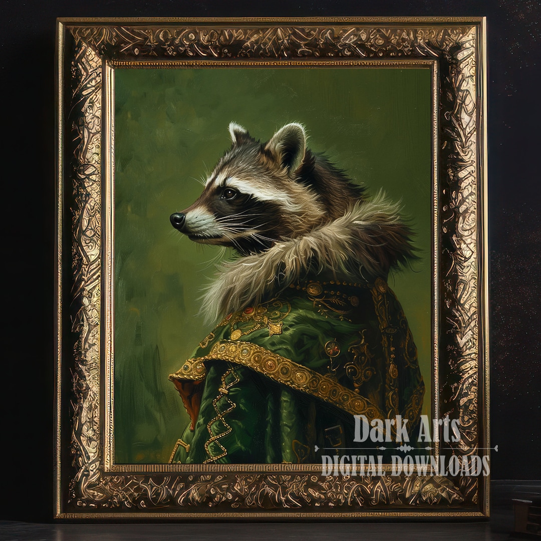 Raccoon Art Print, Victorian Printable Art, Animal Portrait, Green ...