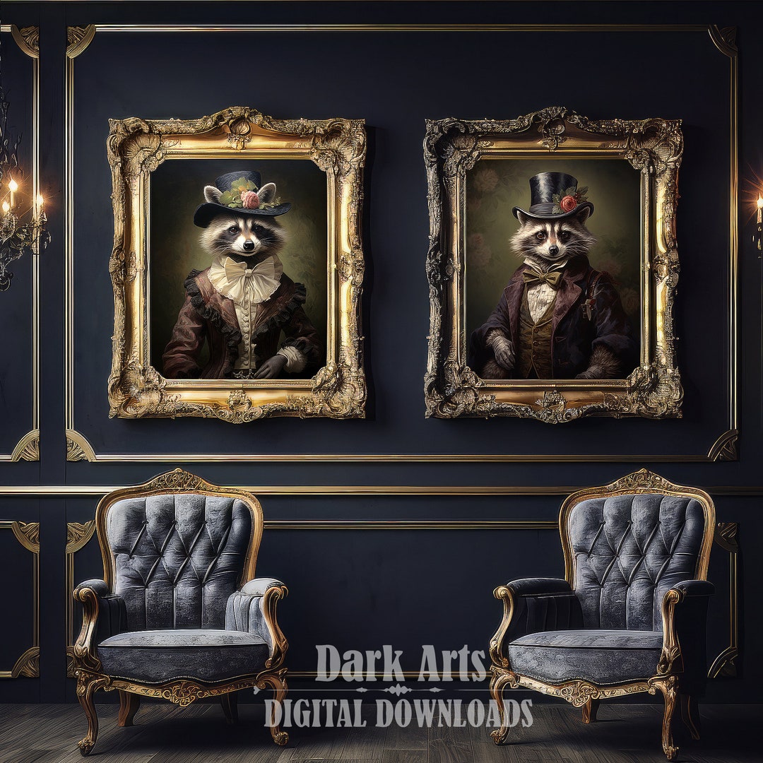 Set of 2 Victorian Raccoon Family Portraits Oil Painting, Baroque ...
