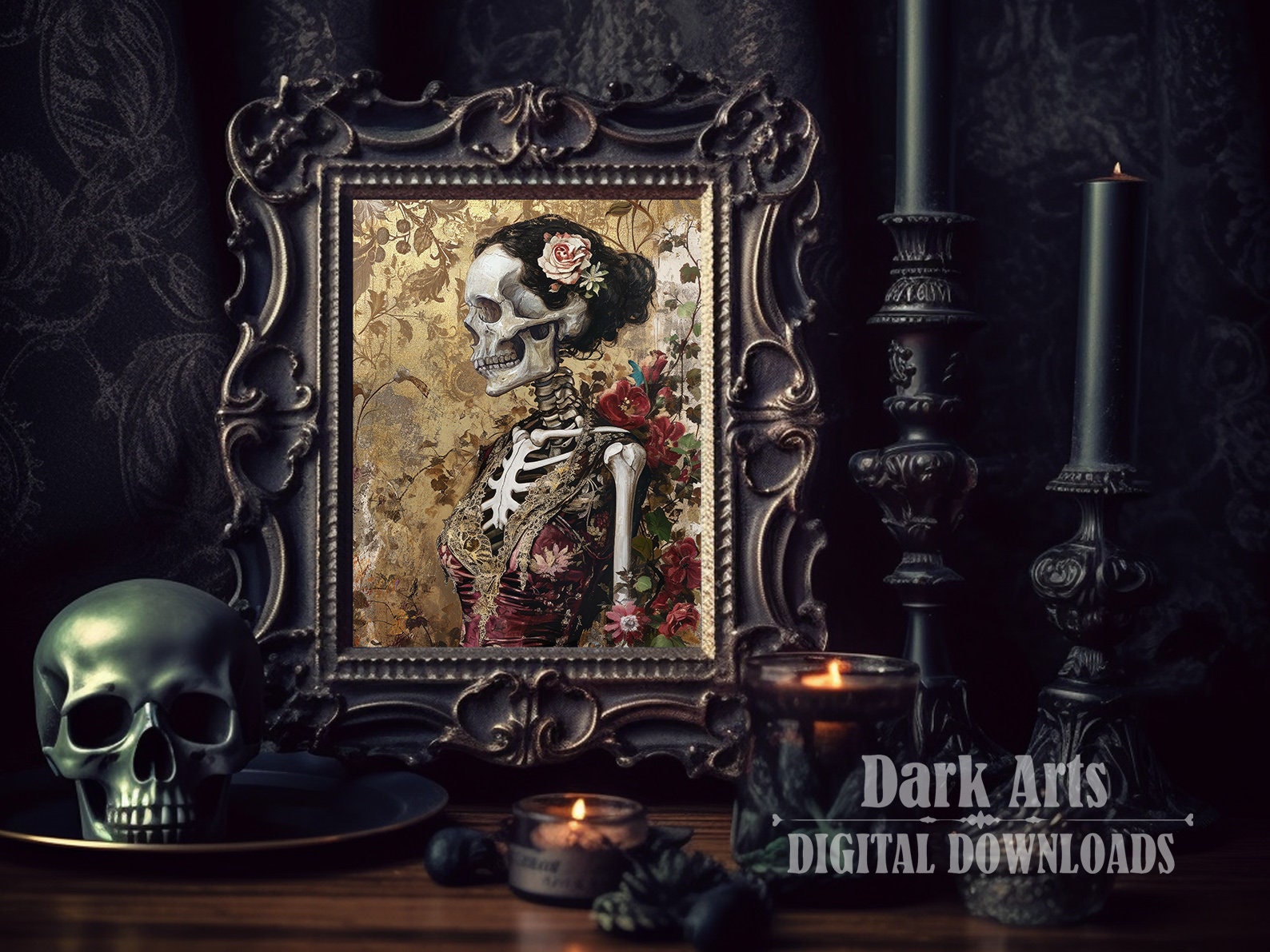 Renaissance Skeleton Portrait: Rococo Floral Goth Wall Art (digital ...