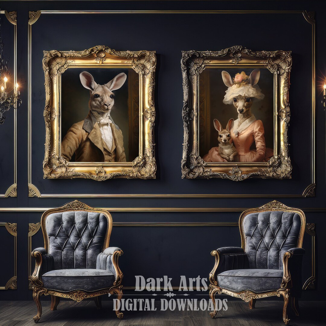 Set of 2 Victorian Kangaroo Family Portraits Oil Painting, Baroque ...