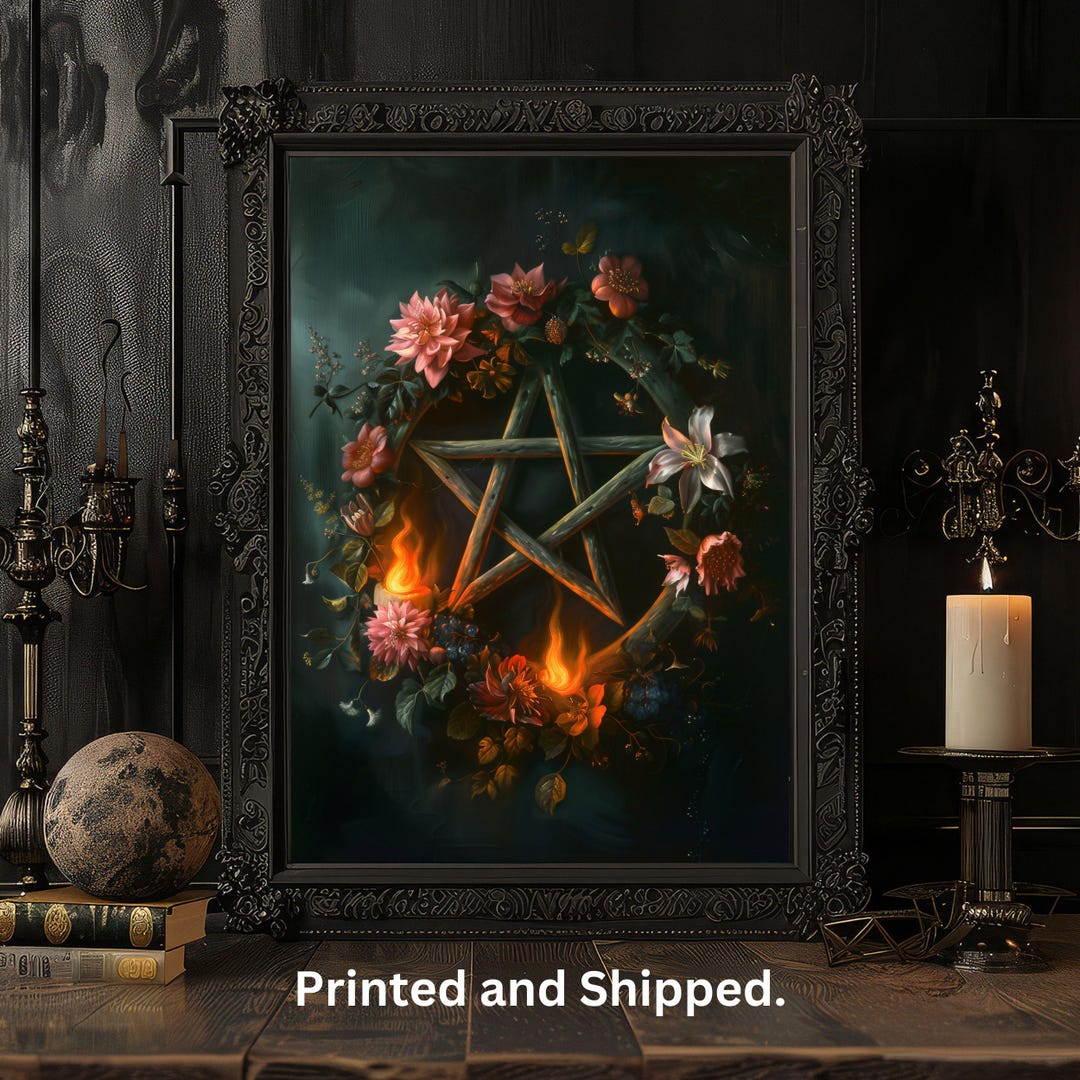 Pentagram Decor, Flaming Pentacle Floral Art, Gothic Witch Decor, Dark ...