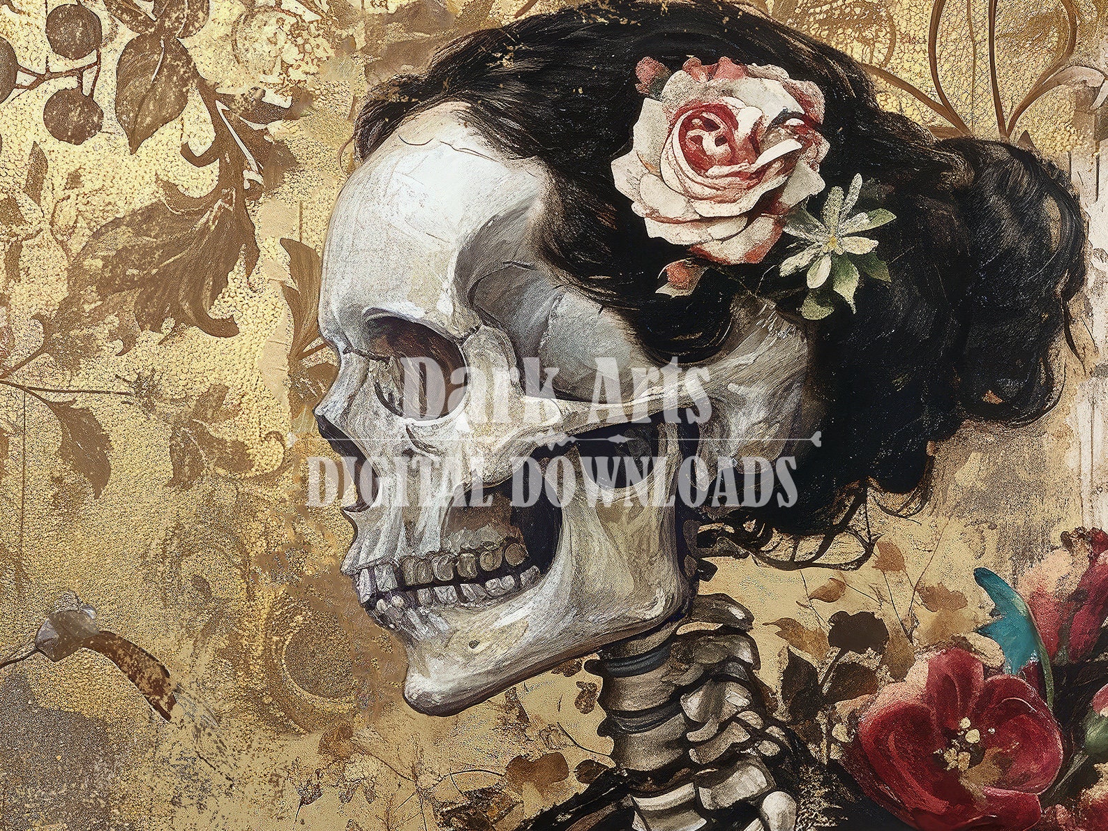 Renaissance Skeleton Portrait: Rococo Floral Goth Wall Art (digital ...