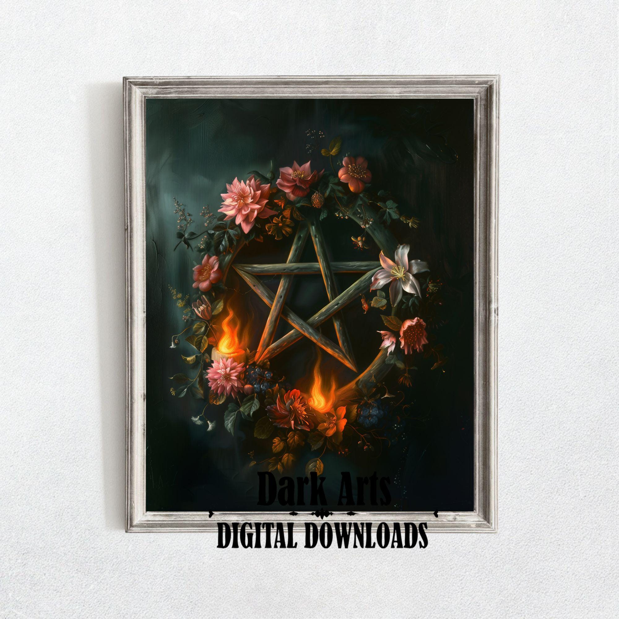 Flaming Pentacle Floral Art, Gothic Witch Decor, Dark Academia ...