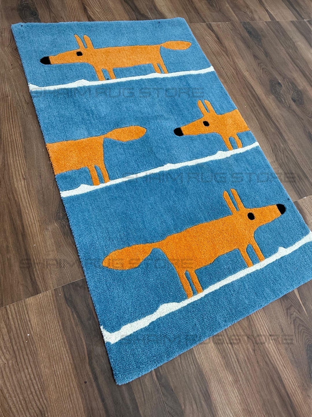 Hand Tufted Fox Rug for Kids – Blue and Orange Animal Wool Carpet ...