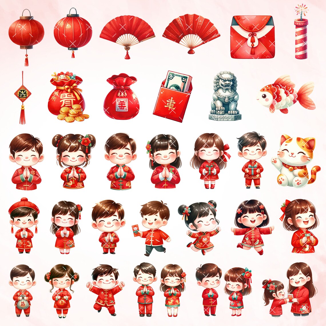 89 Watercolor Chinese New Year Elements, Lunar New Year, Spring ...