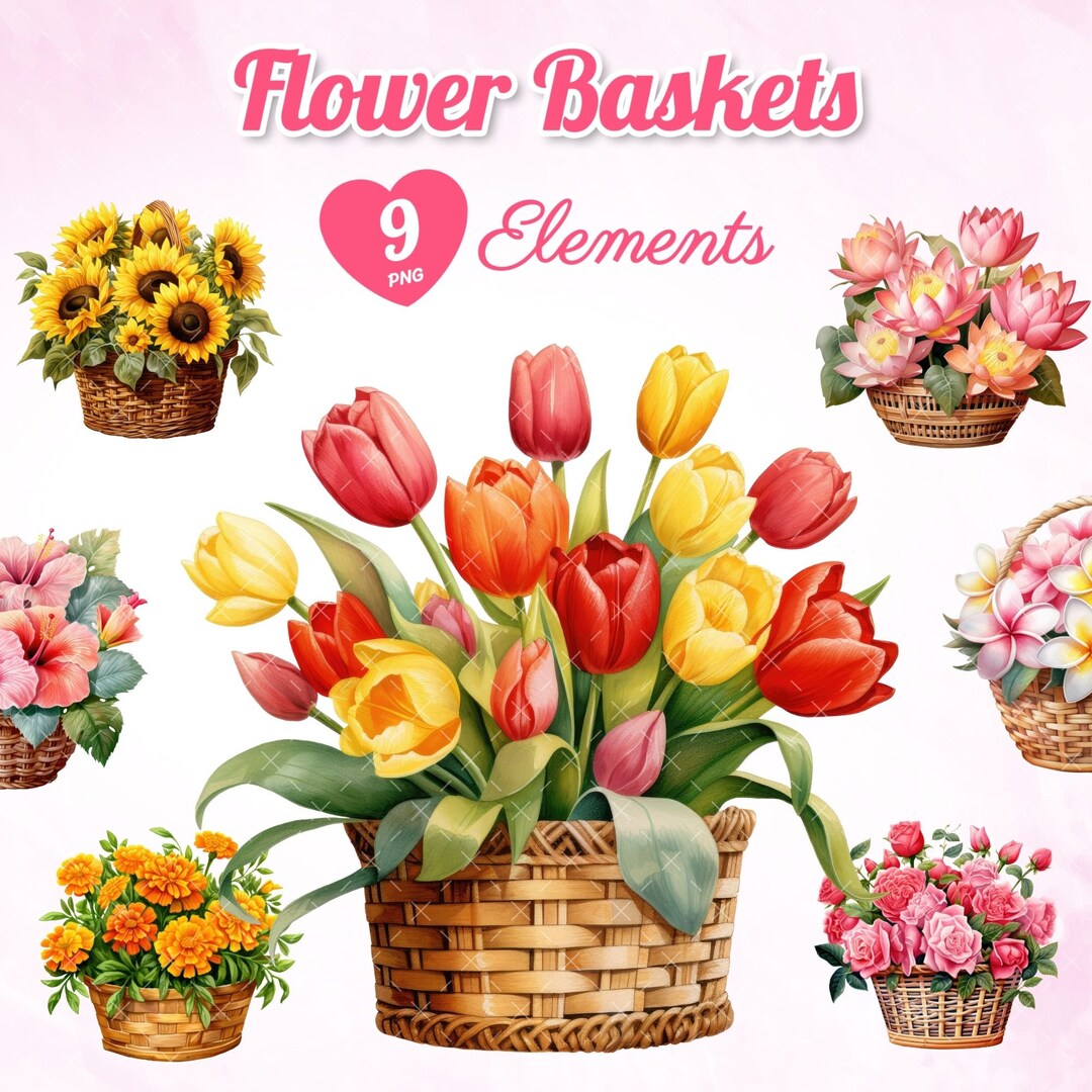 9 Watercolor Flower Baskets, Basket of Flowers Graphics, Spring Garden ...