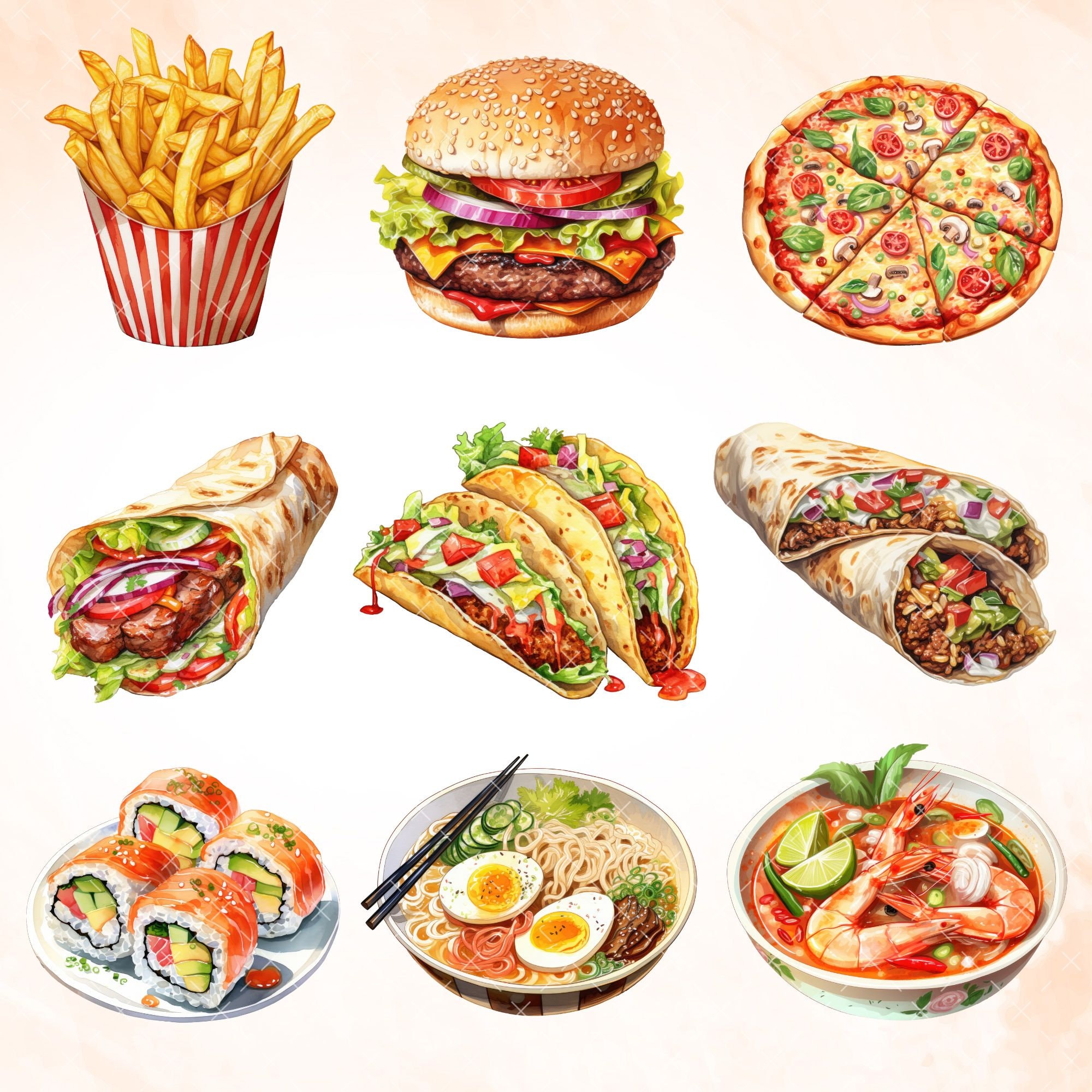 18 Watercolor Yummy Foods, Foods Clipart, Food Artwork, Pizza Clipart ...
