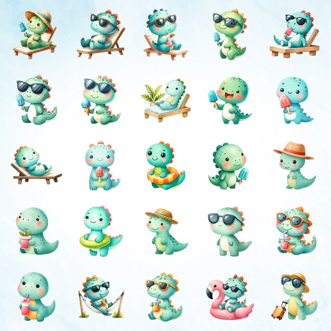 50 Watercolor Summer Dinosaurs, Cute Dinosaur Art, Summer Artwork, Dino ...