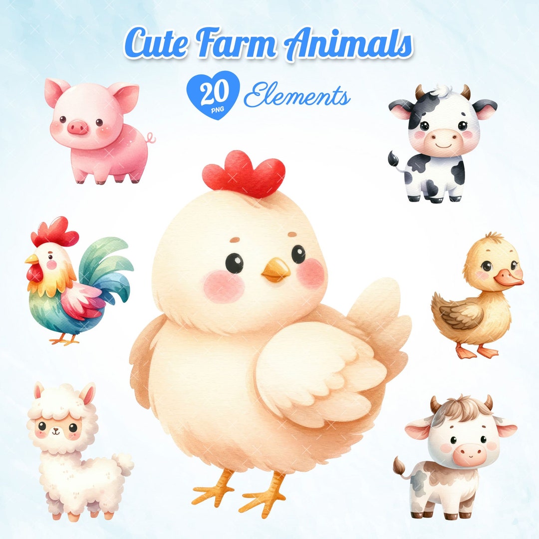 20 Watercolor Cute Farm Animals, Farm Animal Art, Barnyard Animals ...