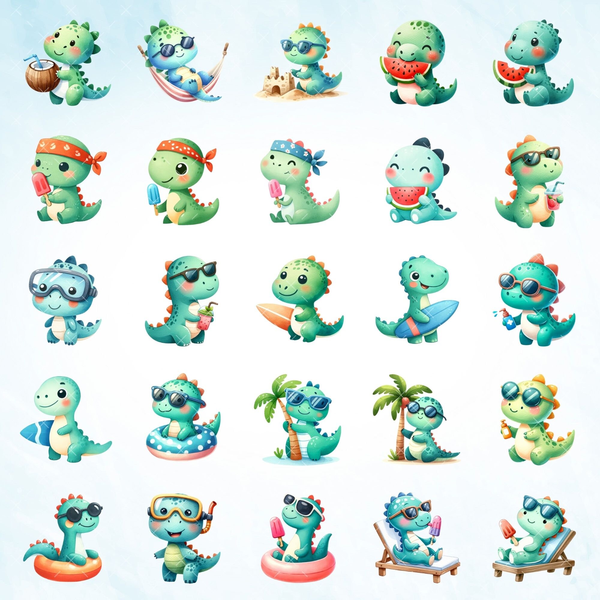 50 Watercolor Summer Dinosaurs, Cute Dinosaur Art, Summer Artwork, Dino ...