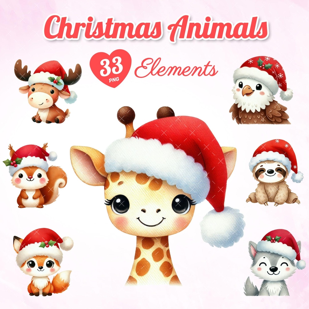 33 Watercolor Christmas Animals, Christmas Clipart, Cute Animal Art ...