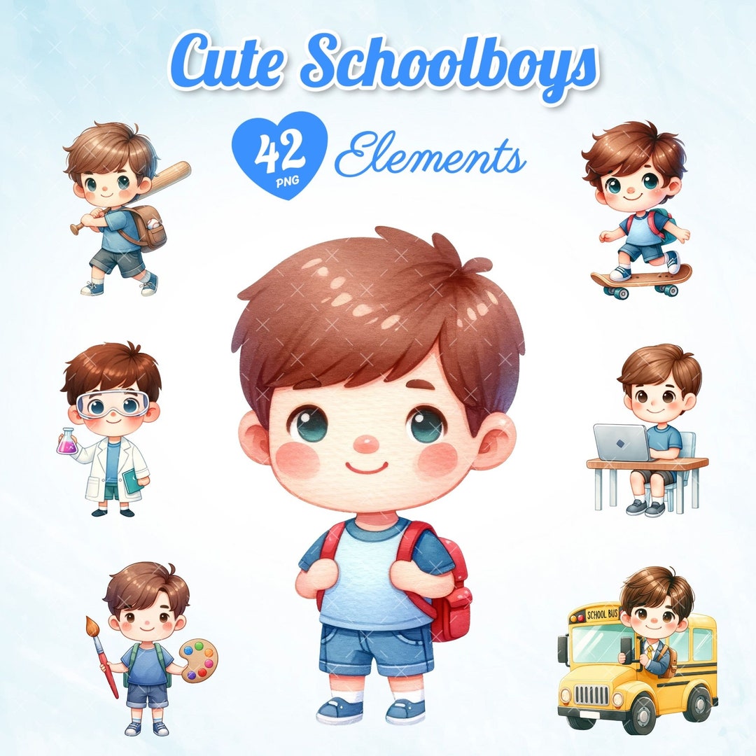 42 Watercolor Cute Schoolboys, Back to School, Boys Backpack, School ...