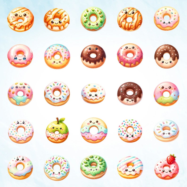 50 Watercolor Cute Donuts, Cute Donut Art, Donut Characte Art, Little ...