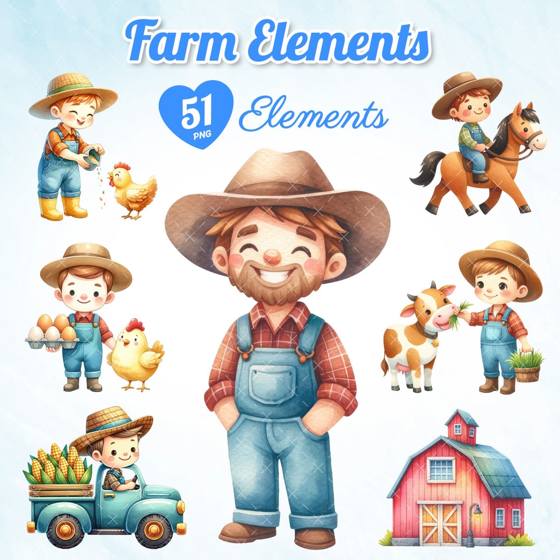 51 Watercolor Farm Elements, Organic Farm Art, Barnyard Clipart ...