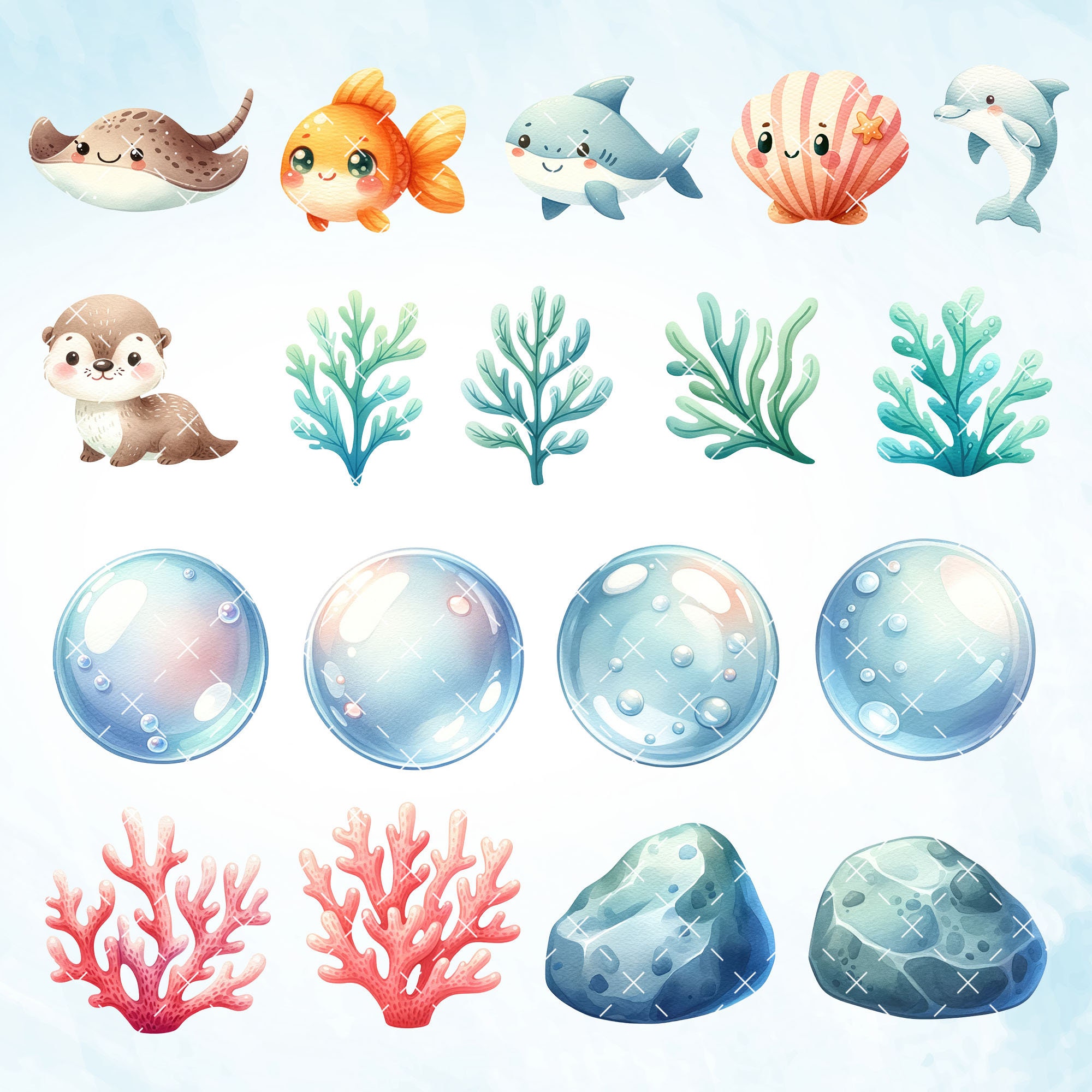 36 Watercolor Cute Water Animals, Sea Creatures, Sea Animal ...