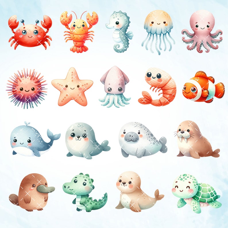 36 Watercolor Cute Water Animals, Sea Creatures, Sea Animal ...