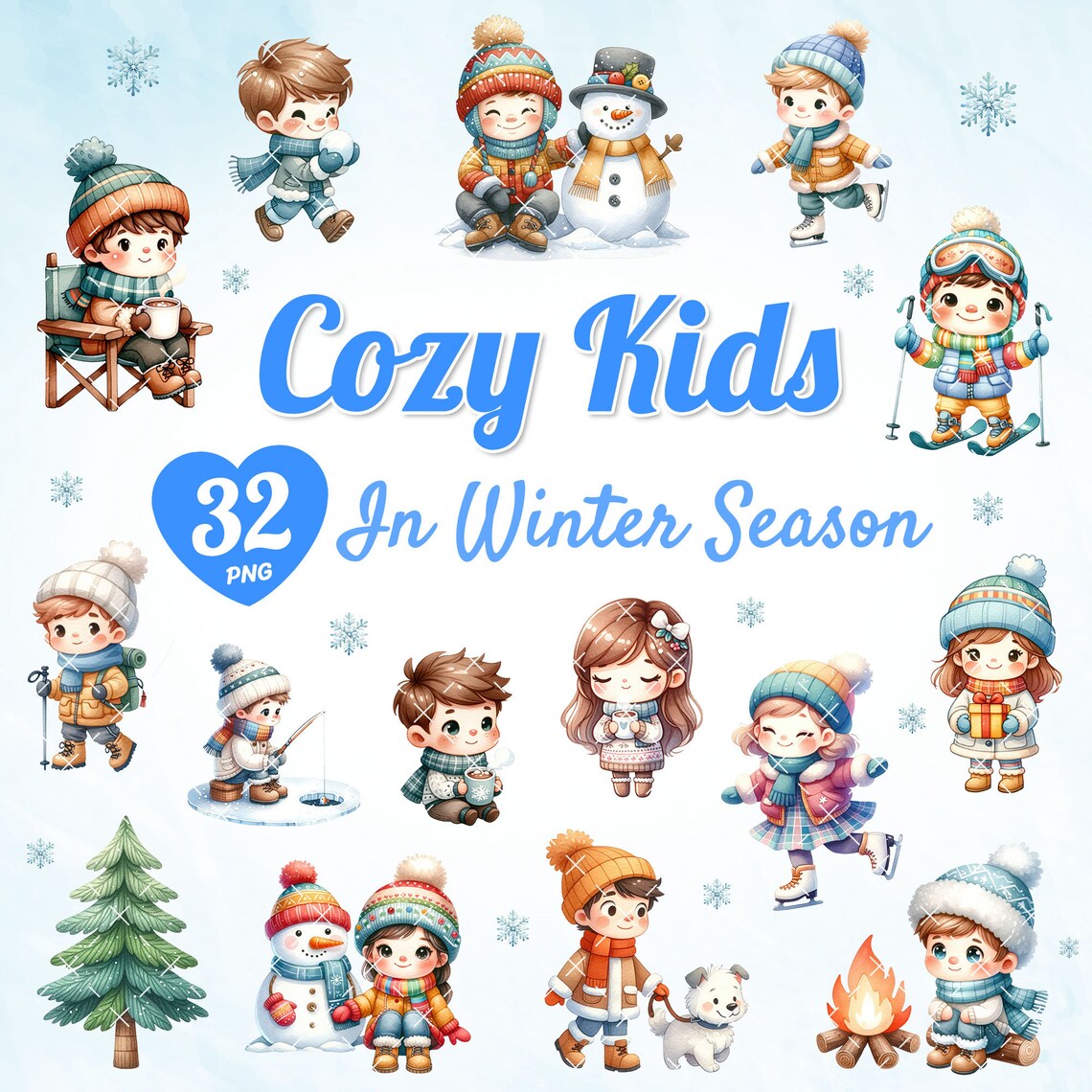 32 Watercolor Cozy Kids in Winter Season, Winter Kids, Winter ...