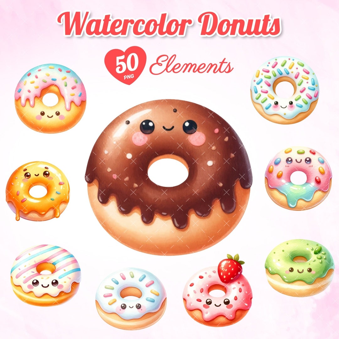 50 Watercolor Cute Donuts, Cute Donut Art, Donut Characte Art, Little ...