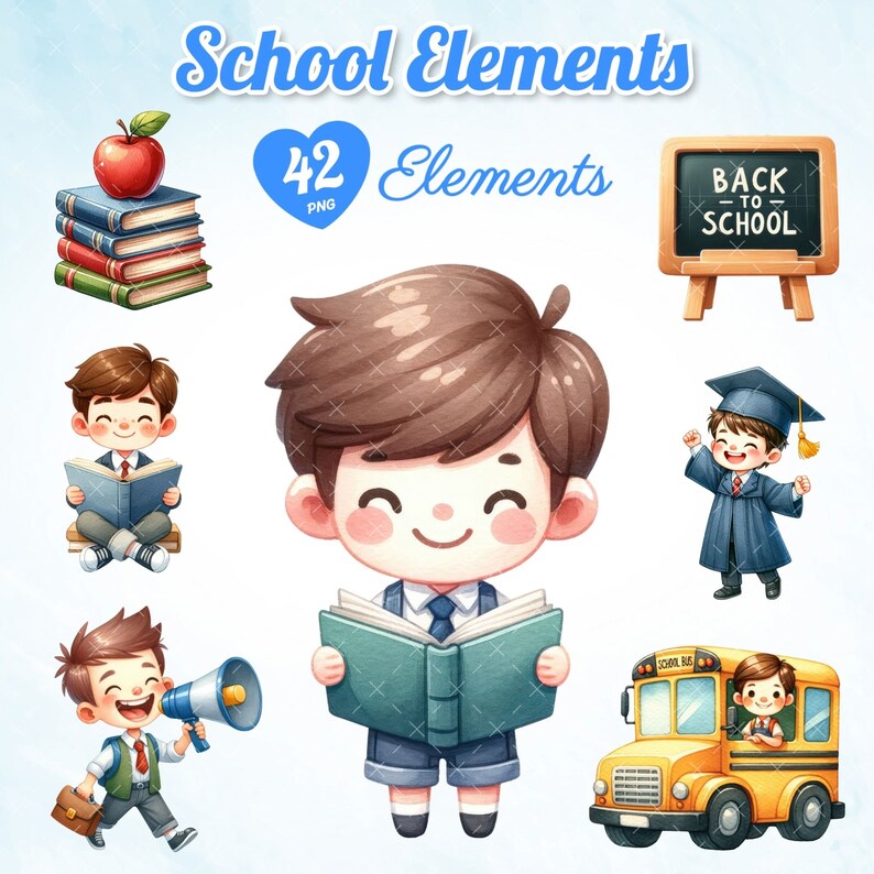 42 Watercolor School Elements, Back-to-school Graphics, Kid-friendly ...