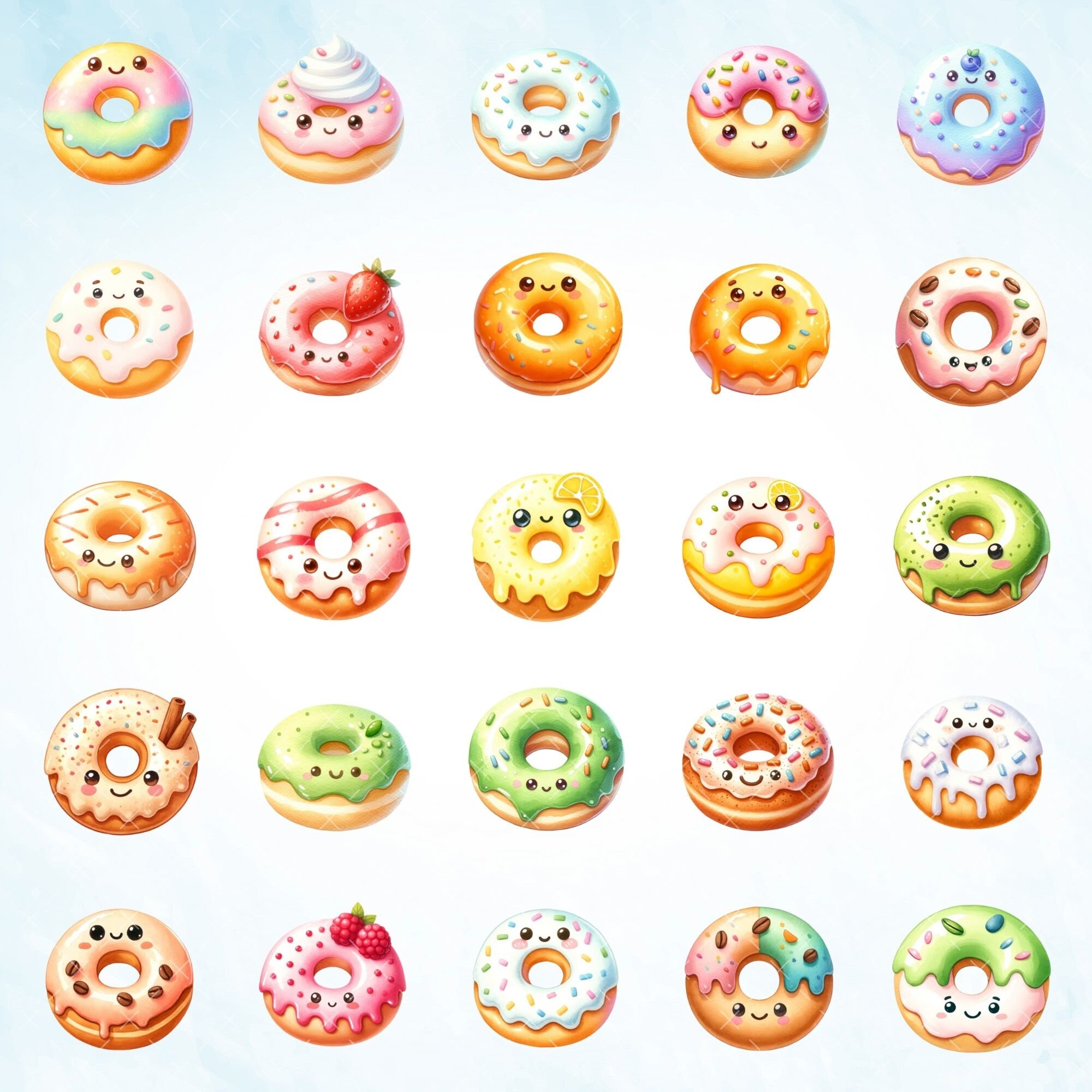 50 Watercolor Cute Donuts, Cute Donut Art, Donut Characte Art, Little ...