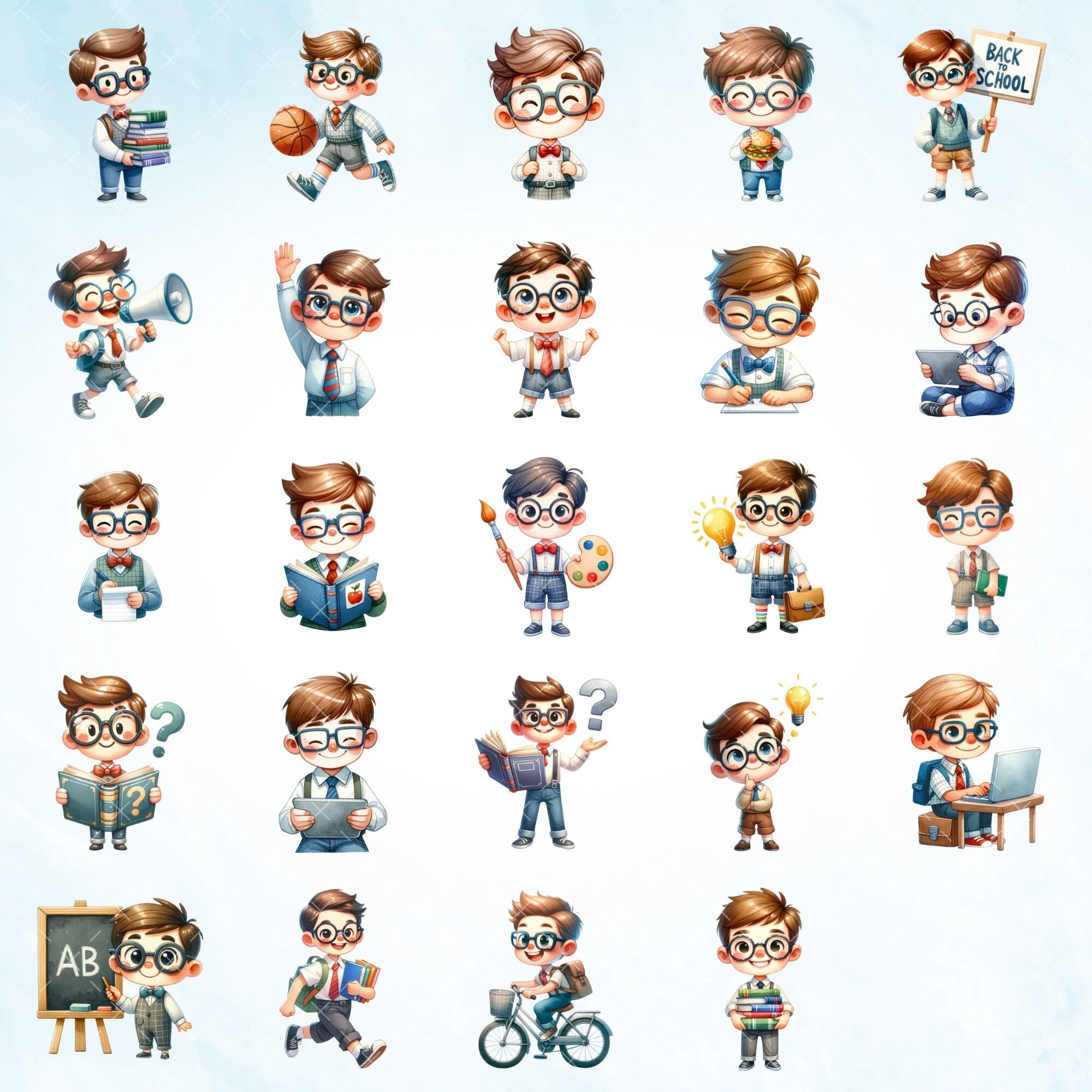 24 Watercolor Nerd Schoolboys, Geeky Boys Clip Art, Cute Nerd ...