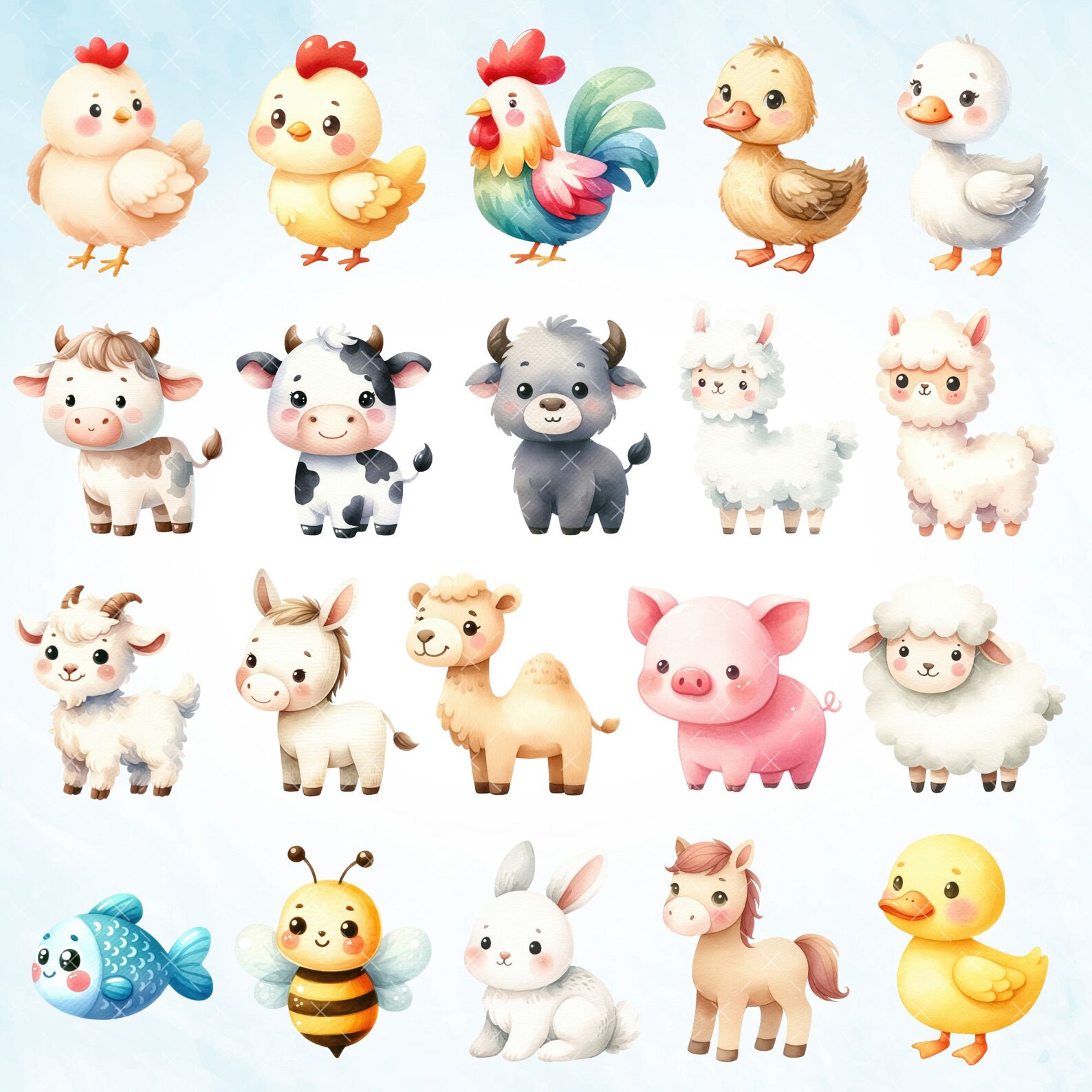 20 Watercolor Cute Farm Animals, Farm Animal Art, Barnyard Animals ...