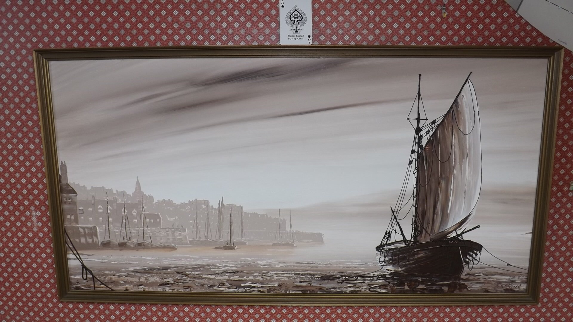 J Passeur French Artist Oil on Board Sailing Boat Moored Coastal Town ...